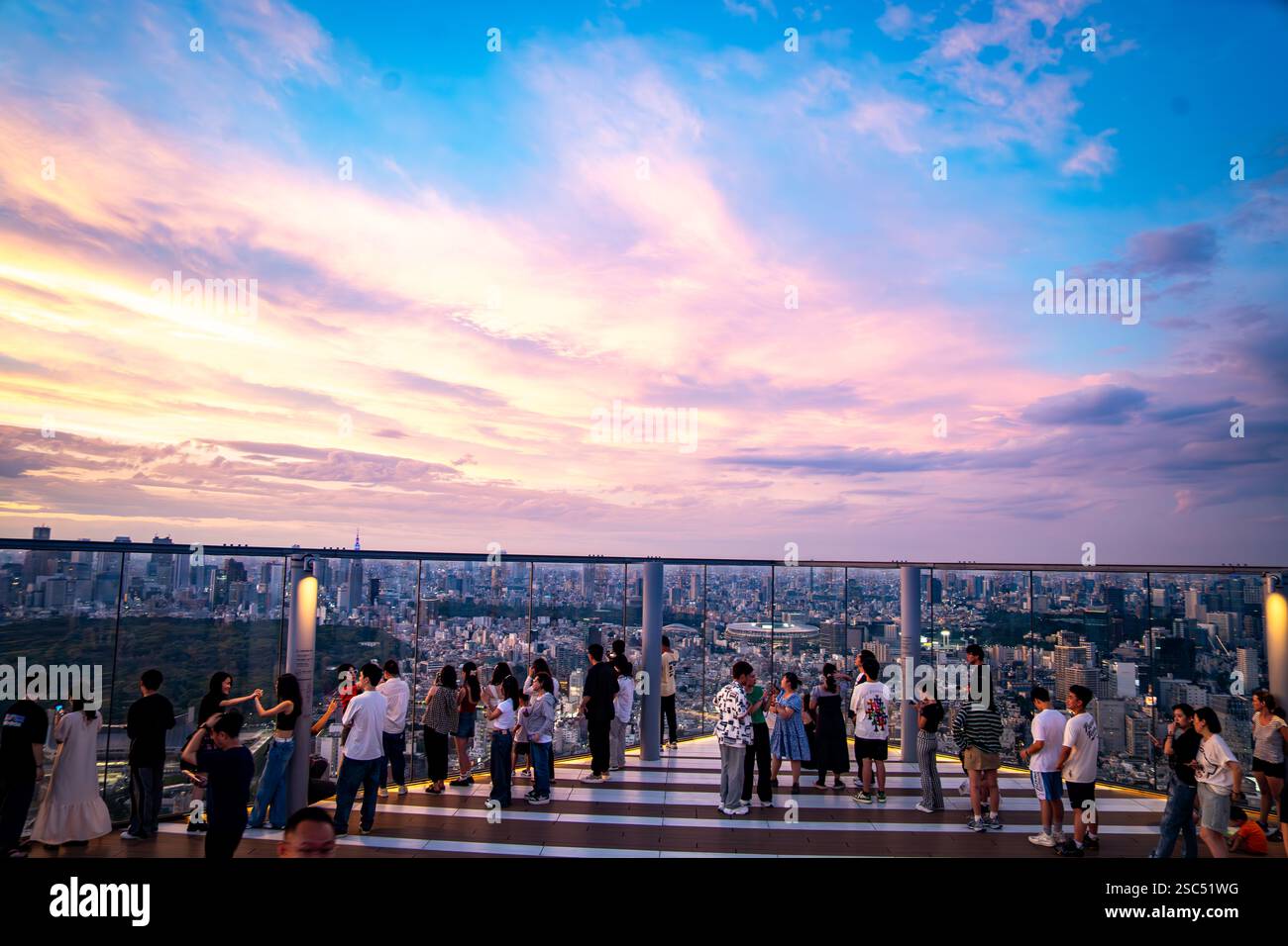 Views of Tokyo from Shibuya Sky rooftop at sunset, in Shibuya, Tokyo ...