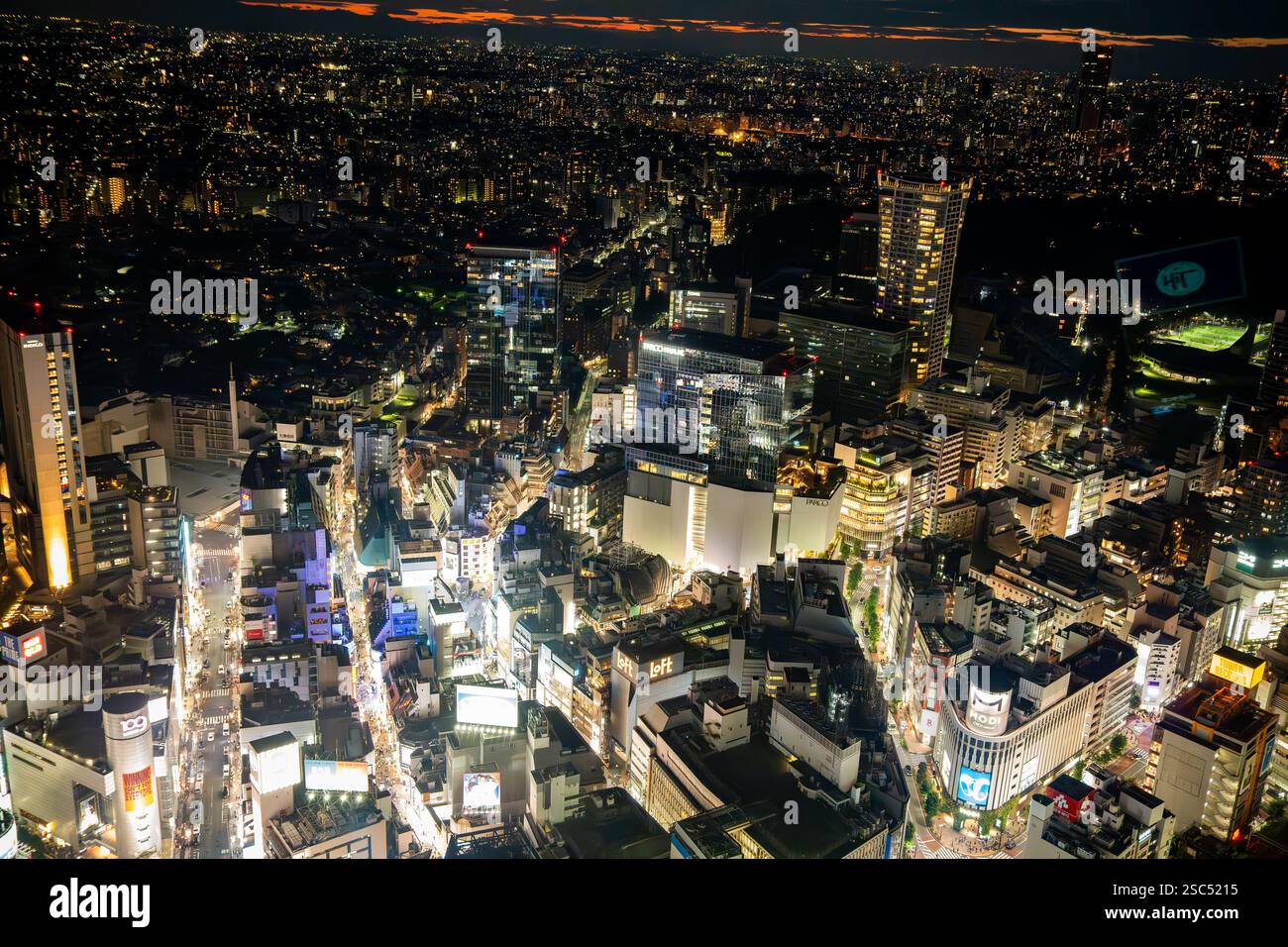 Views of Tokyo from Shibuya Sky rooftop at sunset, in Shibuya, Tokyo ...