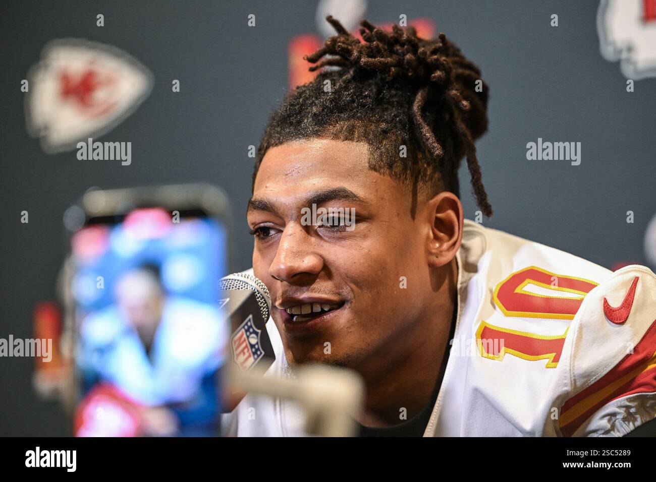 Kansas City Chiefs Running Back #10 Isiah Pacheco speaks to members of ...