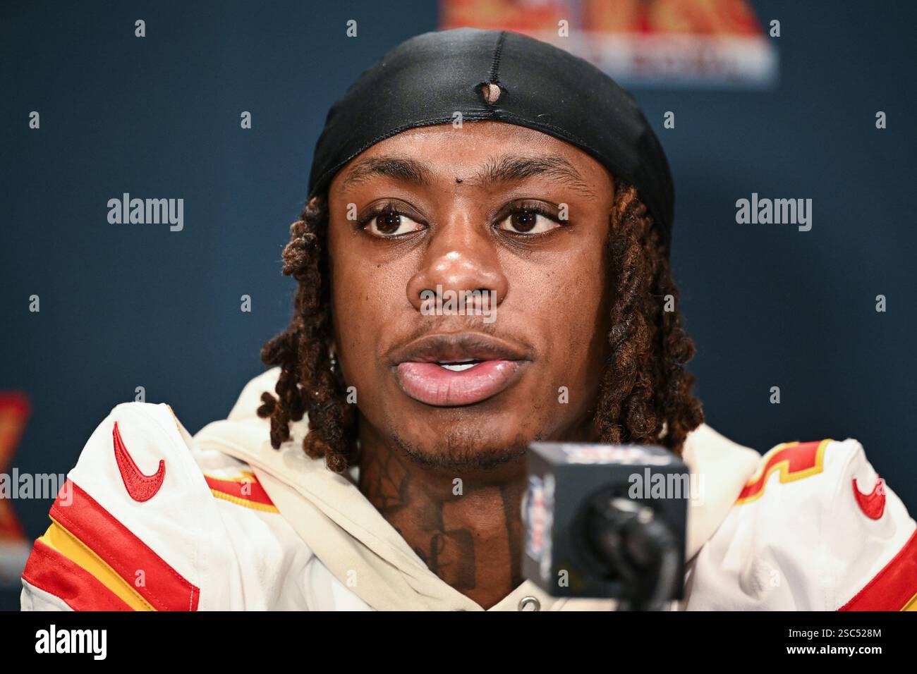 Kansas City Chiefs Wide Receiver #01 Xavier Worthy speaks to members of ...