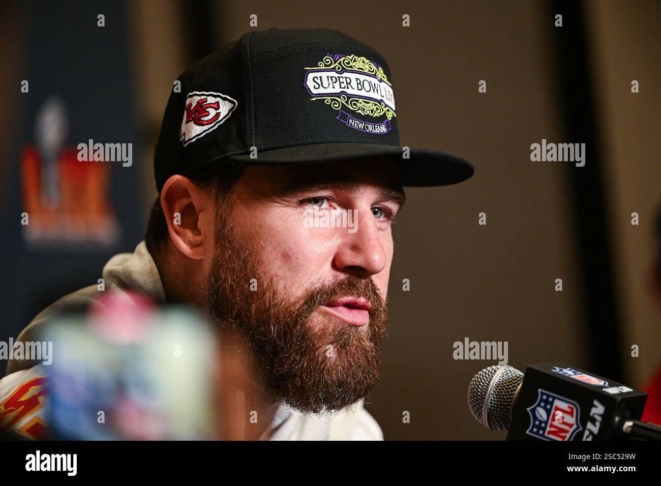 Kansas City Chiefs Tight End #87 Travis Kelce speaks to members of the ...