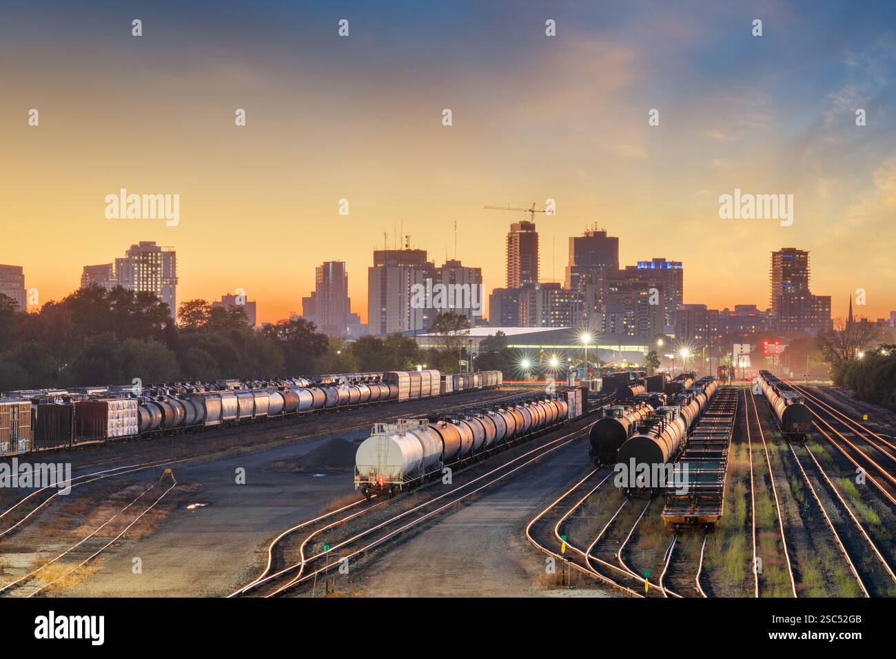 London, Ontario, Canada skyline at golden hour over rail lines Stock ...