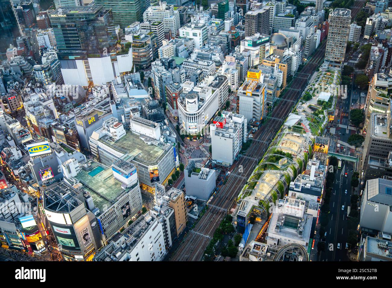 Views of Tokyo from Shibuya Sky rooftop at sunset, in Shibuya, Tokyo ...