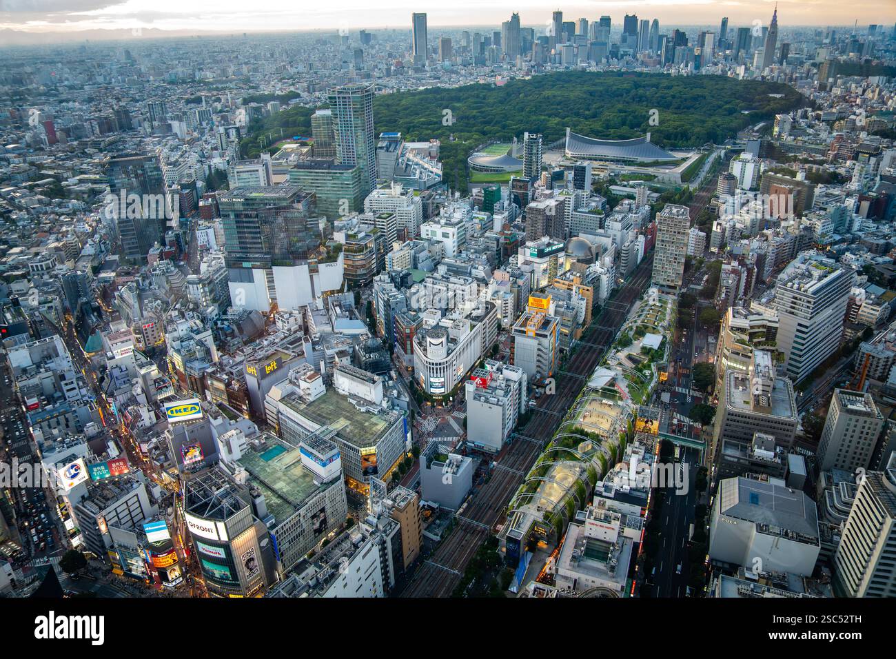 Views of Tokyo from Shibuya Sky rooftop at sunset, in Shibuya, Tokyo ...