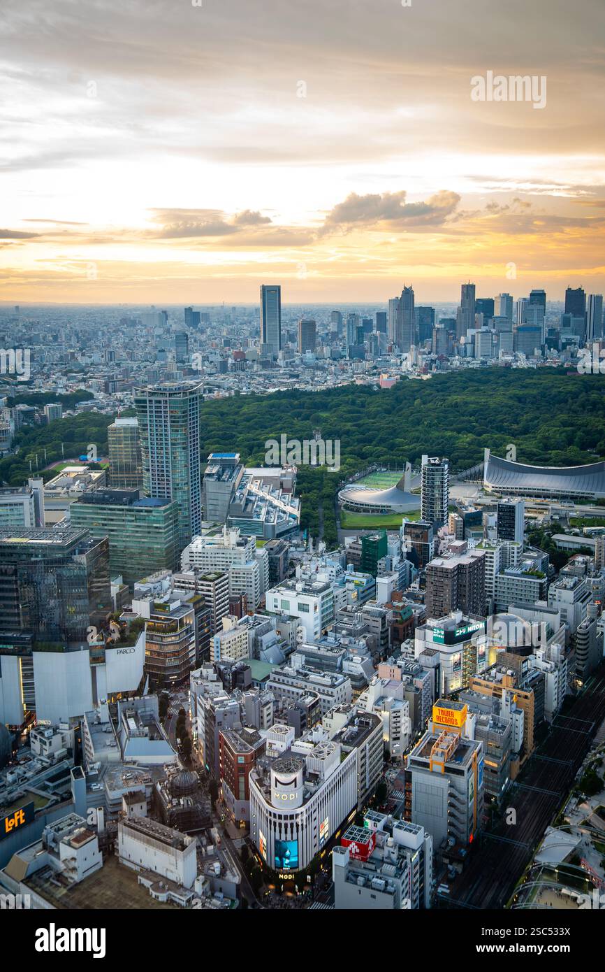 Views of Tokyo from Shibuya Sky rooftop at sunset, in Shibuya, Tokyo ...