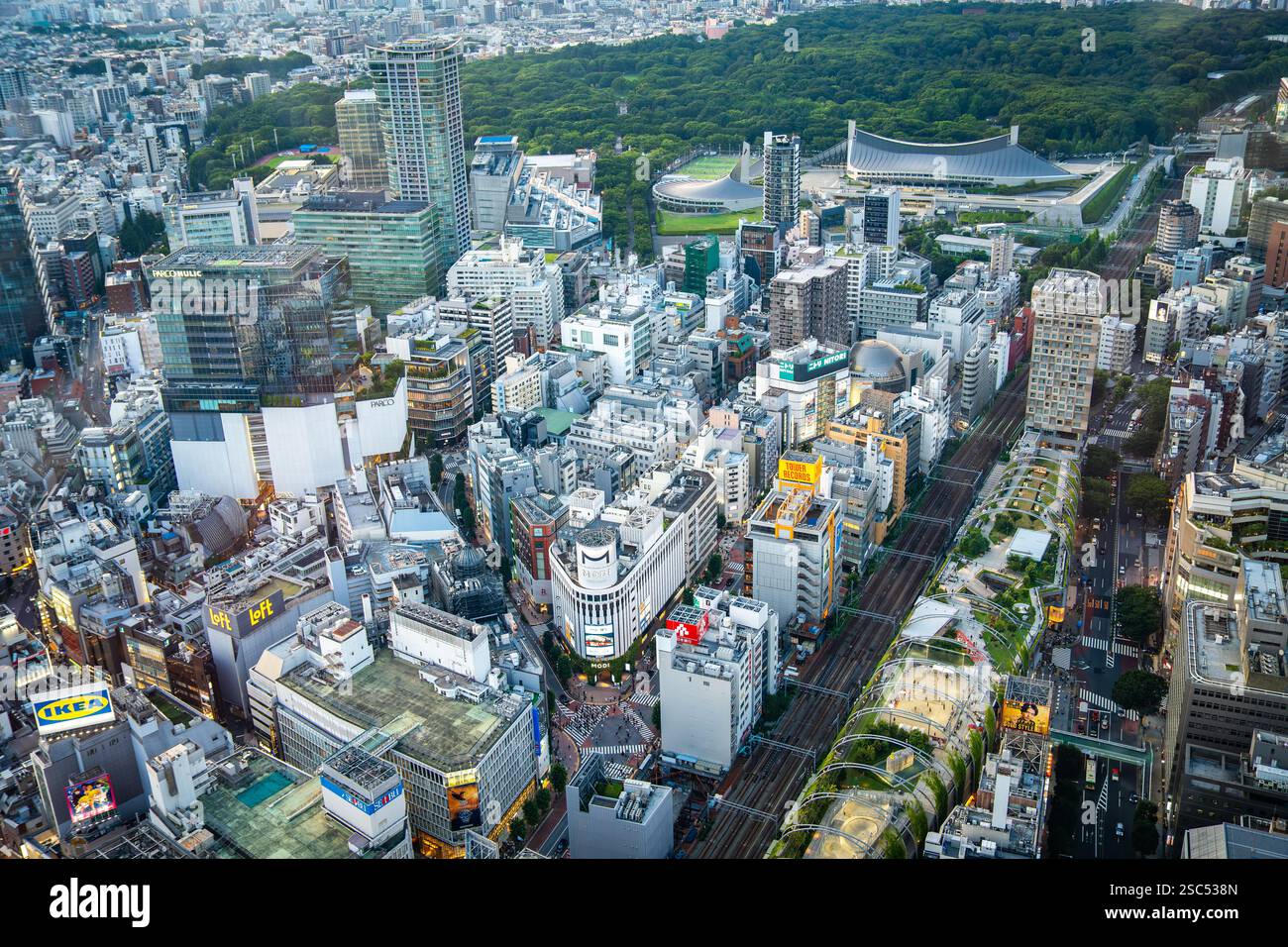 Views of Tokyo from Shibuya Sky rooftop at sunset, in Shibuya, Tokyo ...