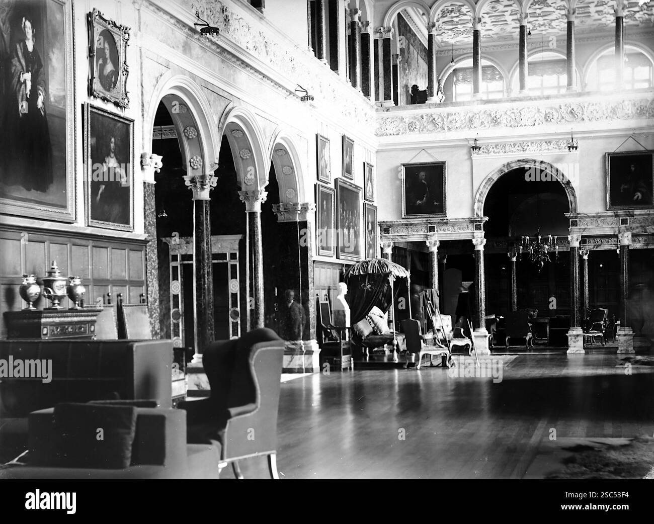 Arches and ornate fixtures in the Great Hall, Hewell Grange, a Jacobean ...