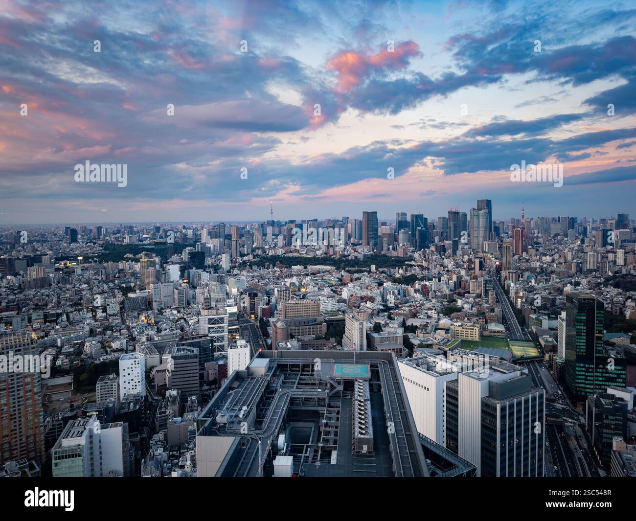 Views of Tokyo from Shibuya Sky rooftop at sunset, in Shibuya, Tokyo ...