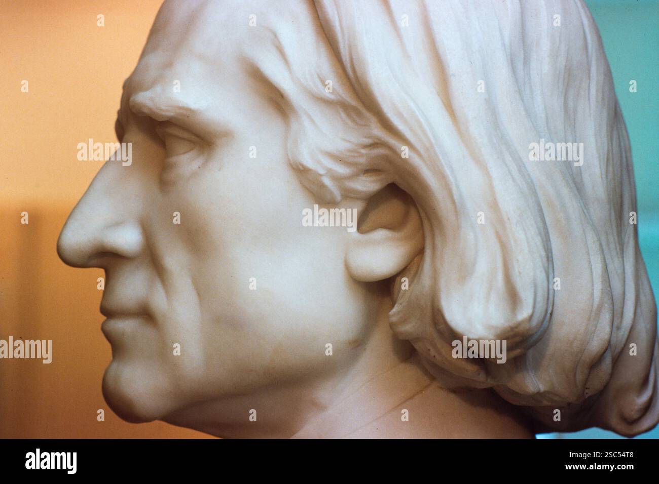 Side view of a marble bust depicting Franz Liszt with long hair in a ...