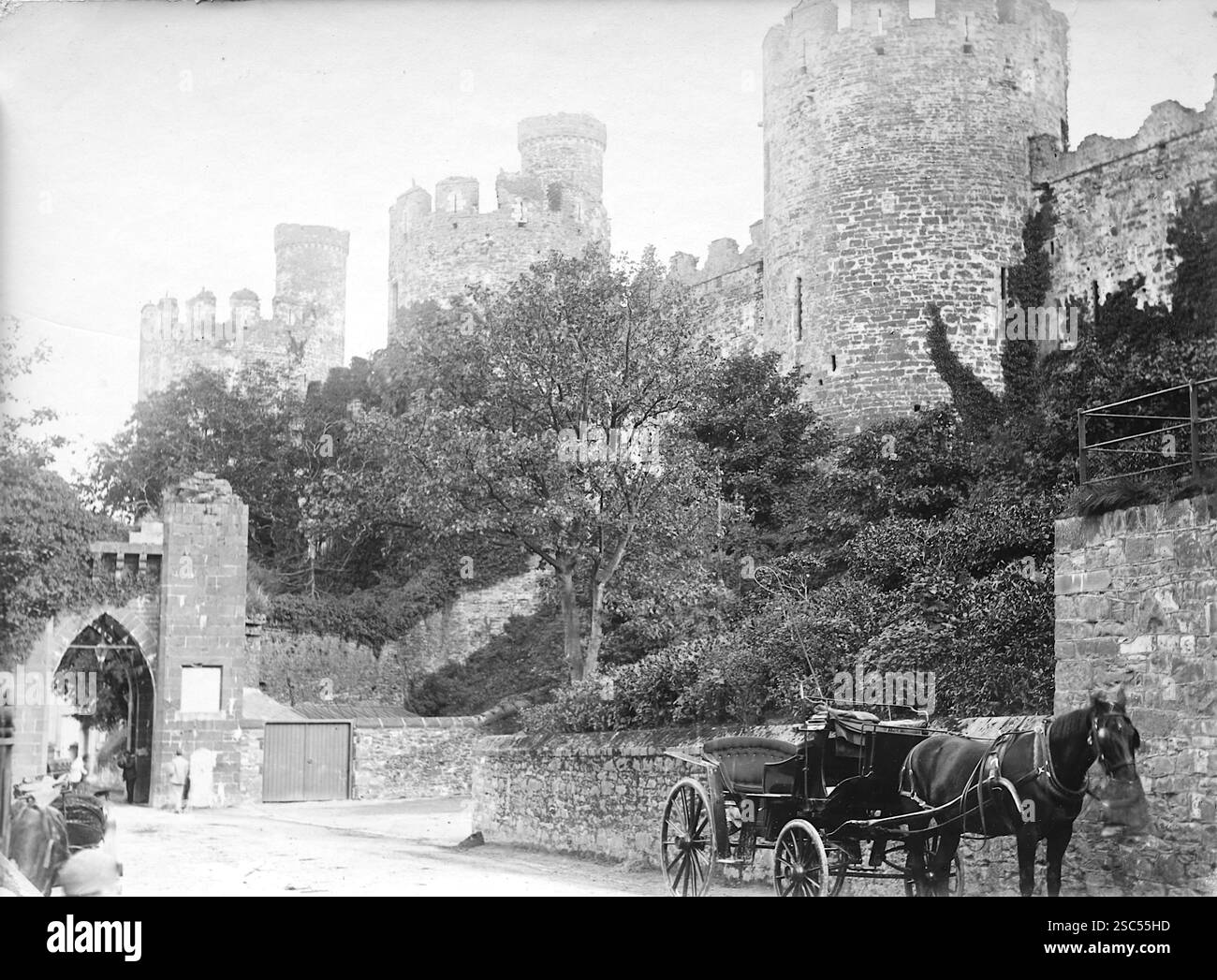 A horse and cart on the road outside the walls of Conwy Castle, North ...