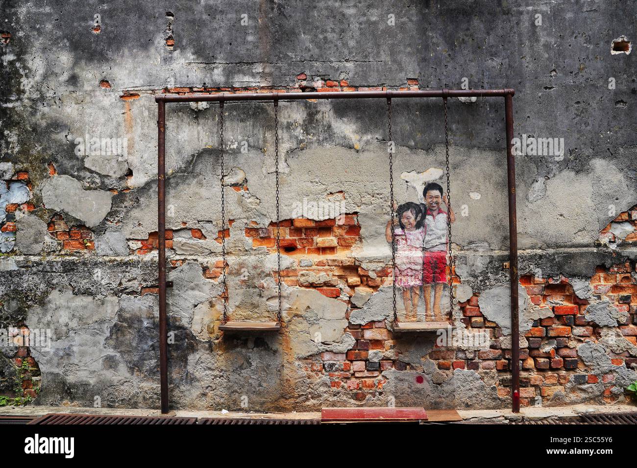Brother and Sister on a Swing-World Famous street mural art work by Malaysian deaf mute artist ...