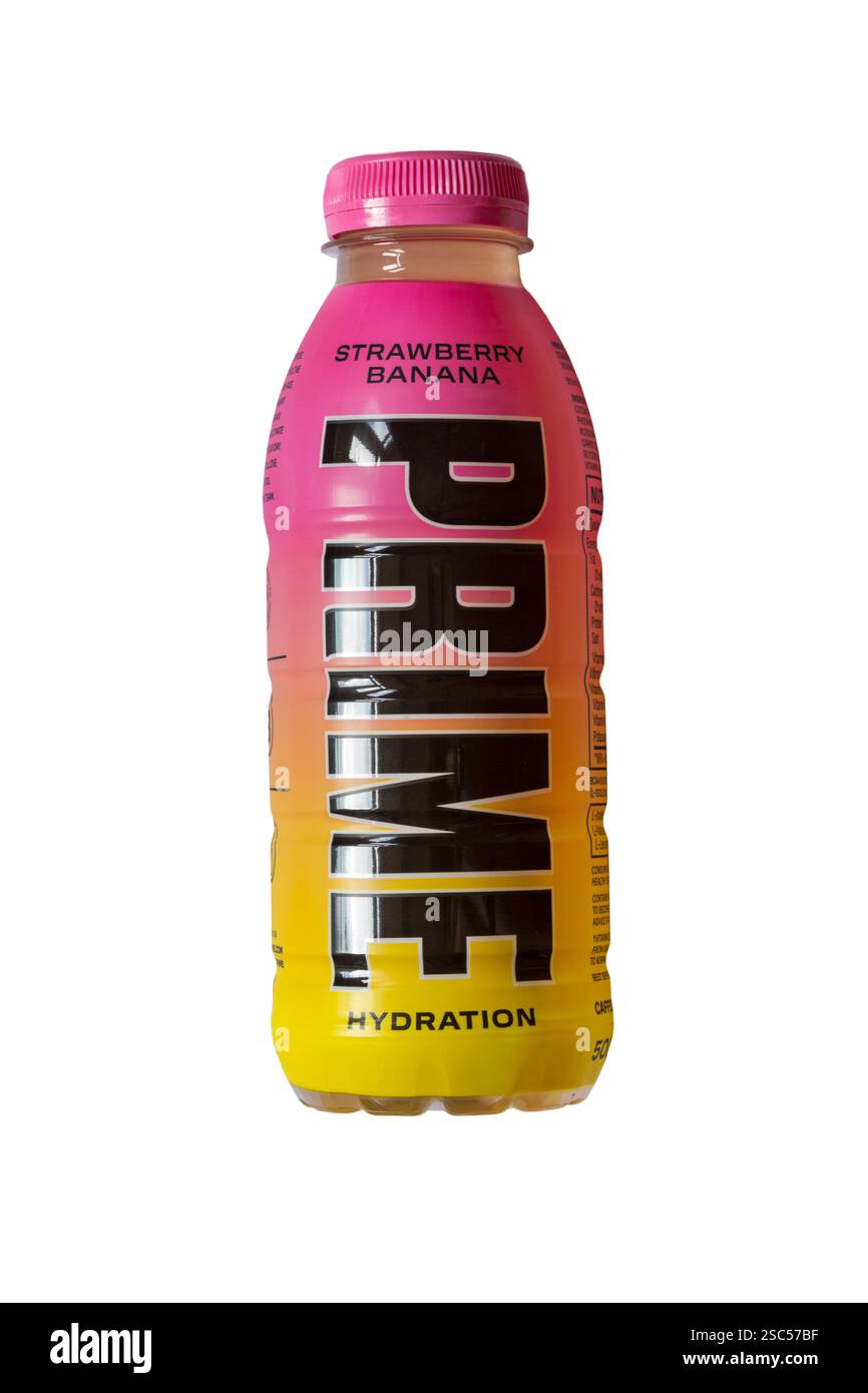 bottle of Prime strawberry banana hydration drink isolated on white ...