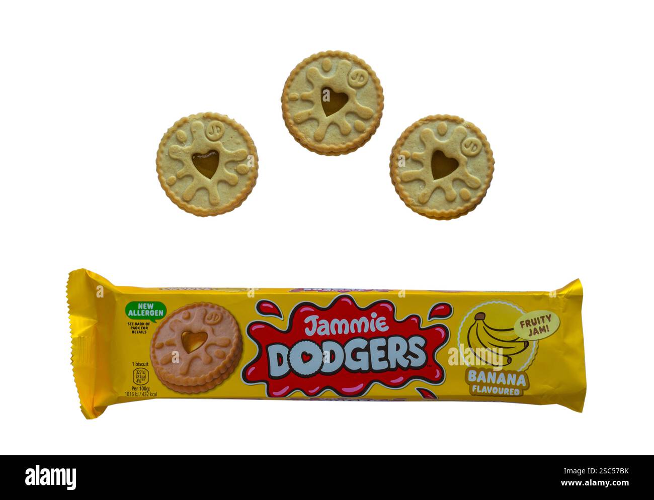 Packet of Banana flavoured Jammie Dodgers biscuits with 3 removed ...