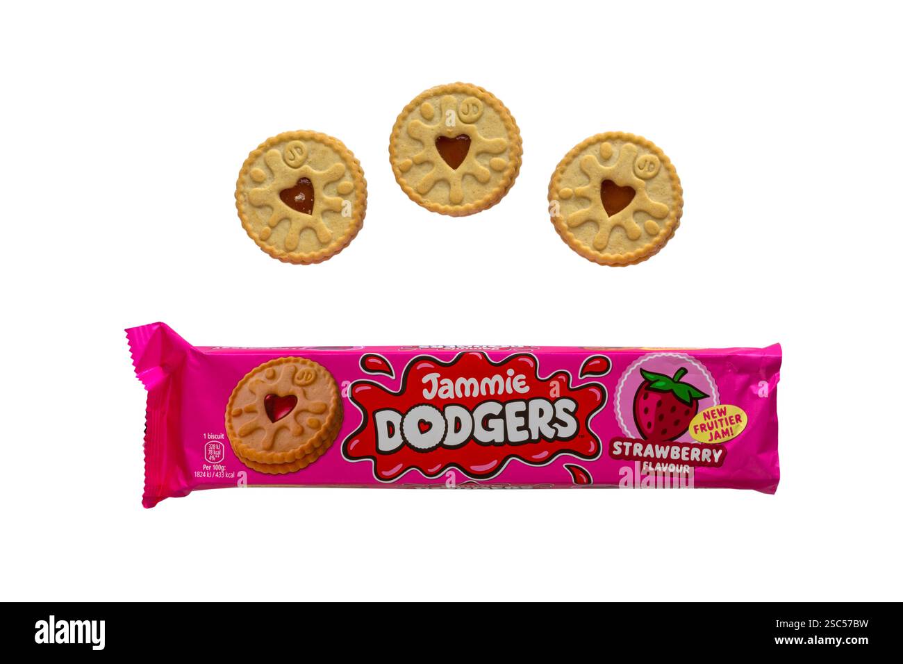 Packet of Strawberry flavour Jammie Dodgers biscuits with 3 removed ...
