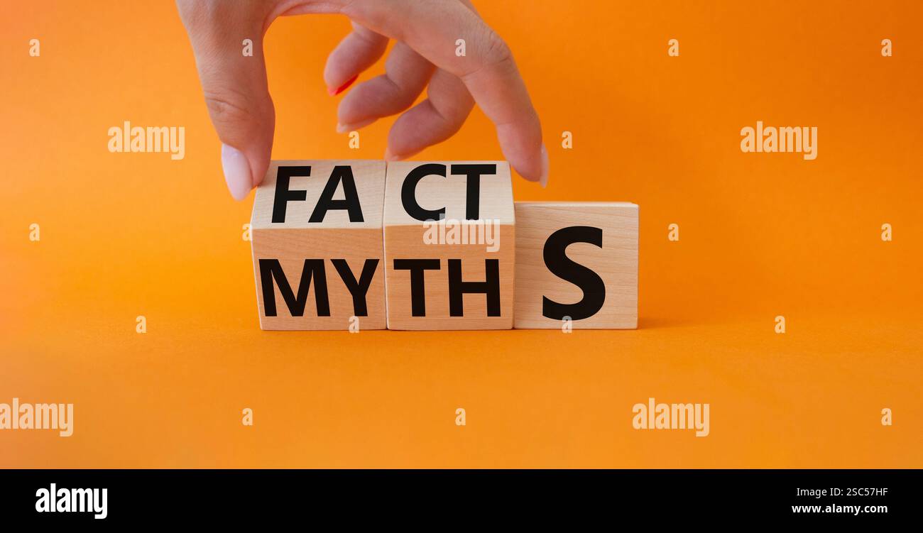 Facts vs Myths symbol. Businessman Hand turns cubes and changes word ...