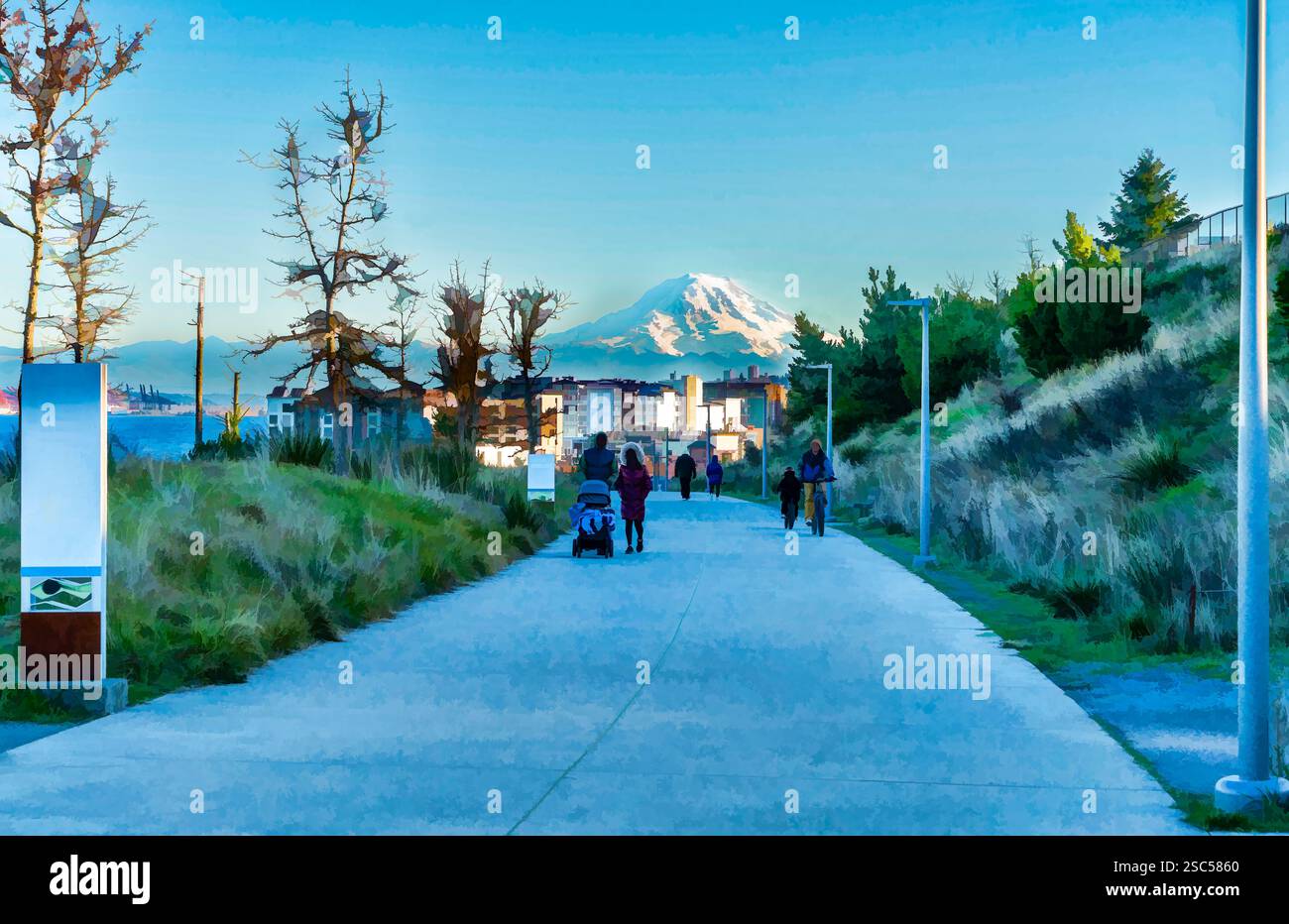 A veiw of condos and Mount Rainier form a walkway in Ruston, Washington ...