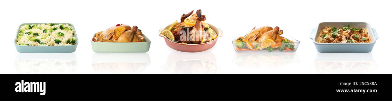 Set of cooked foods in baking dishes isolated on white Stock Photo - Alamy