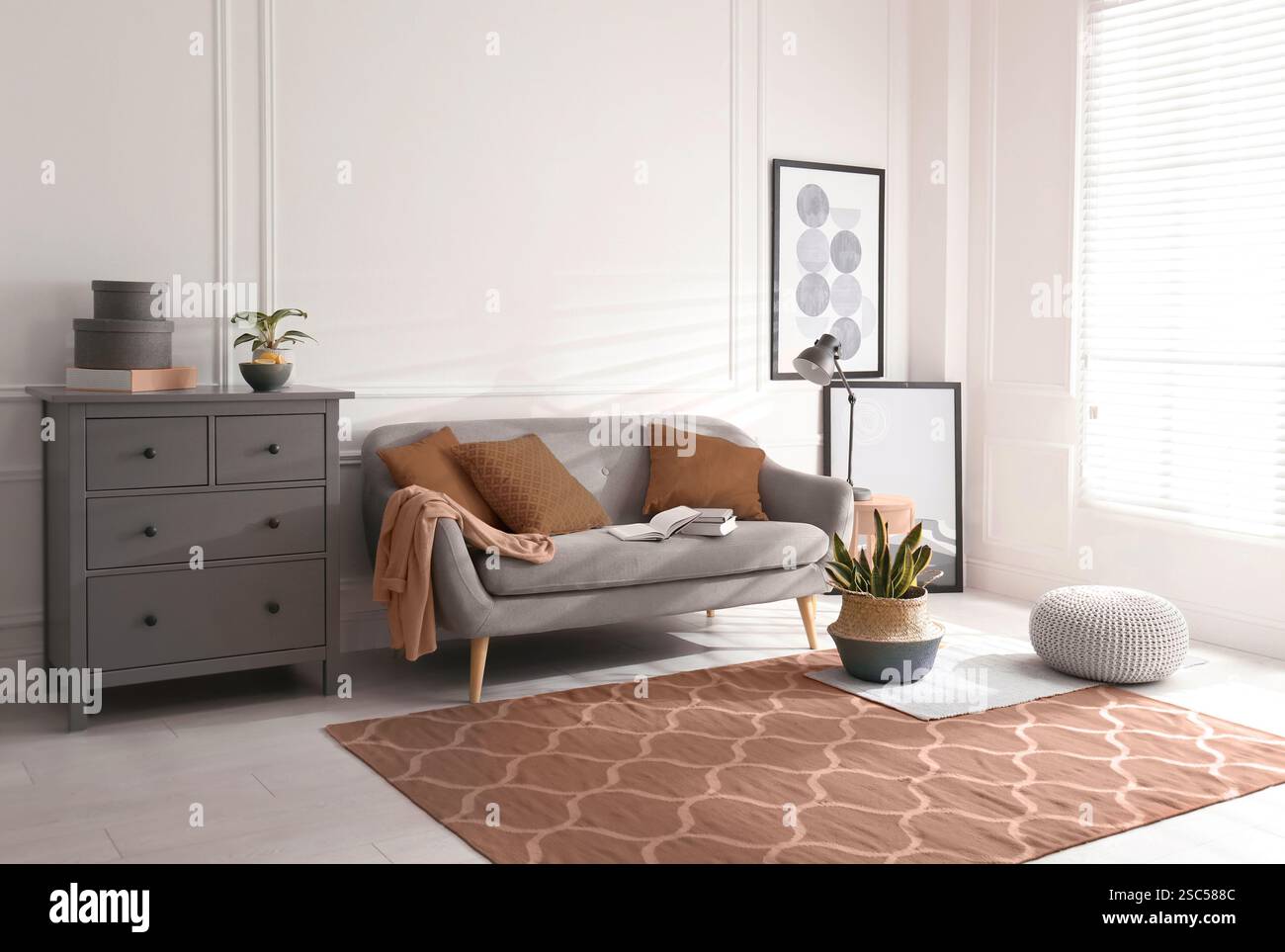 Cozy living room interior. Decorative elements in mocha mousse shade ...