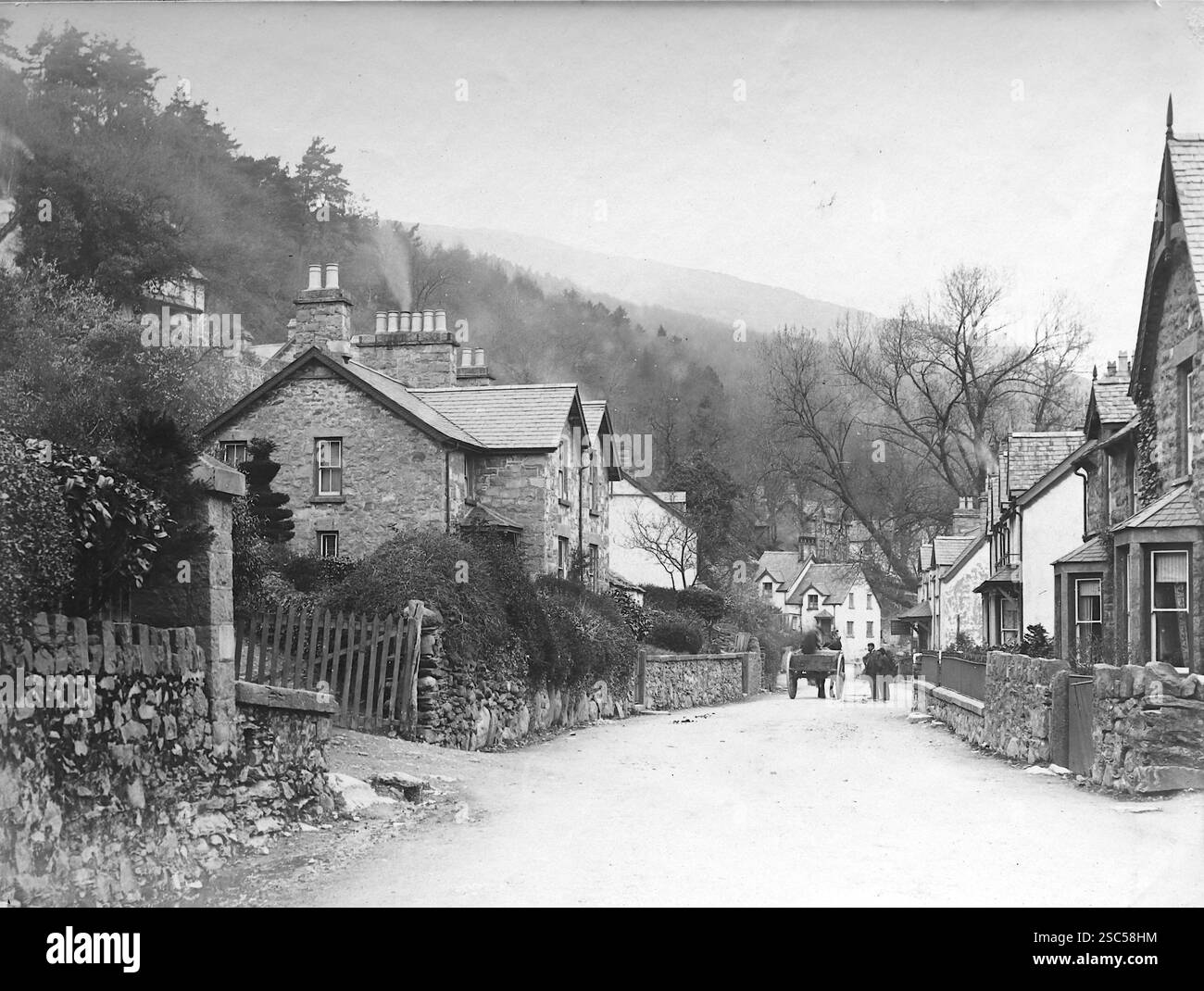 The road with a horsedrawn carriage passing through Trefriw, a village ...