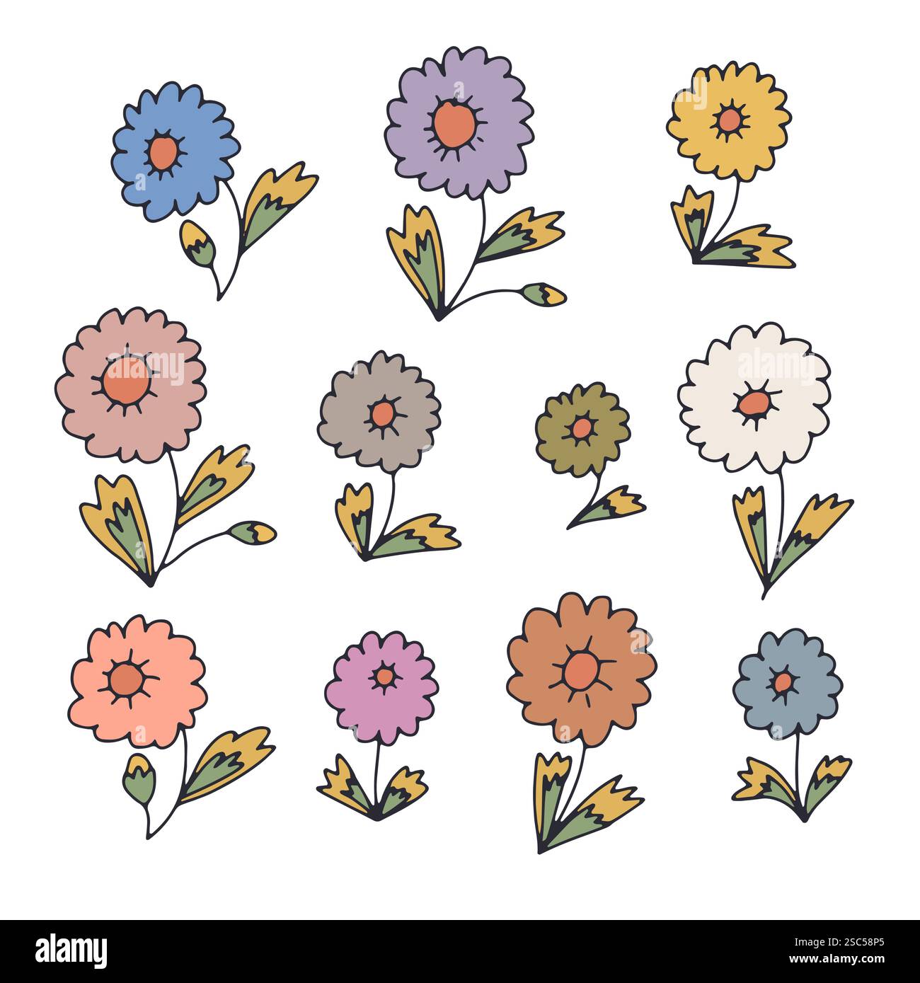Hand drawn colorful outlined doodle daisy flowers set Stock Vector ...