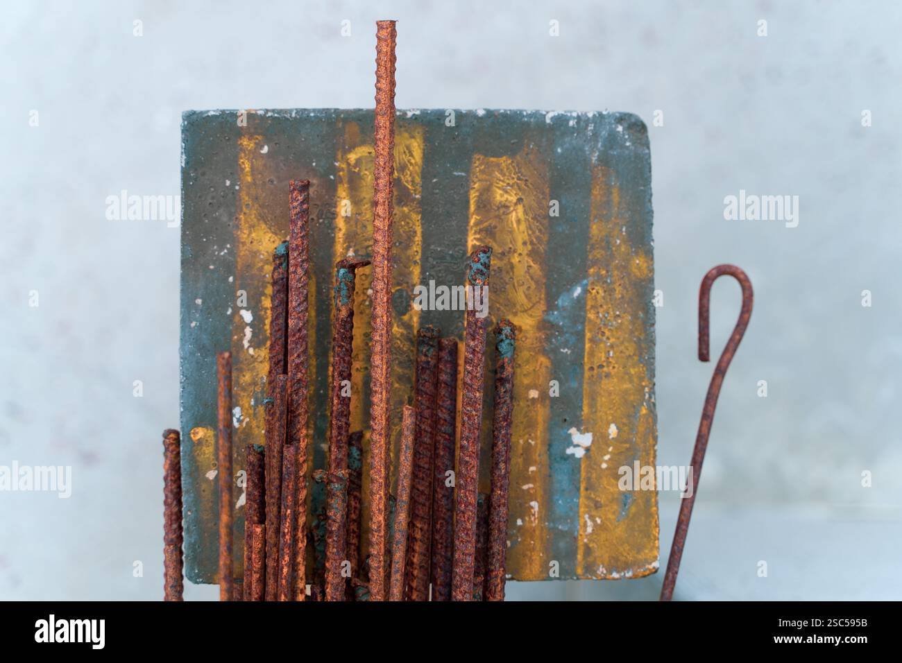 Rusty construction rebar close-up. Corrosion affects exposed metal ...