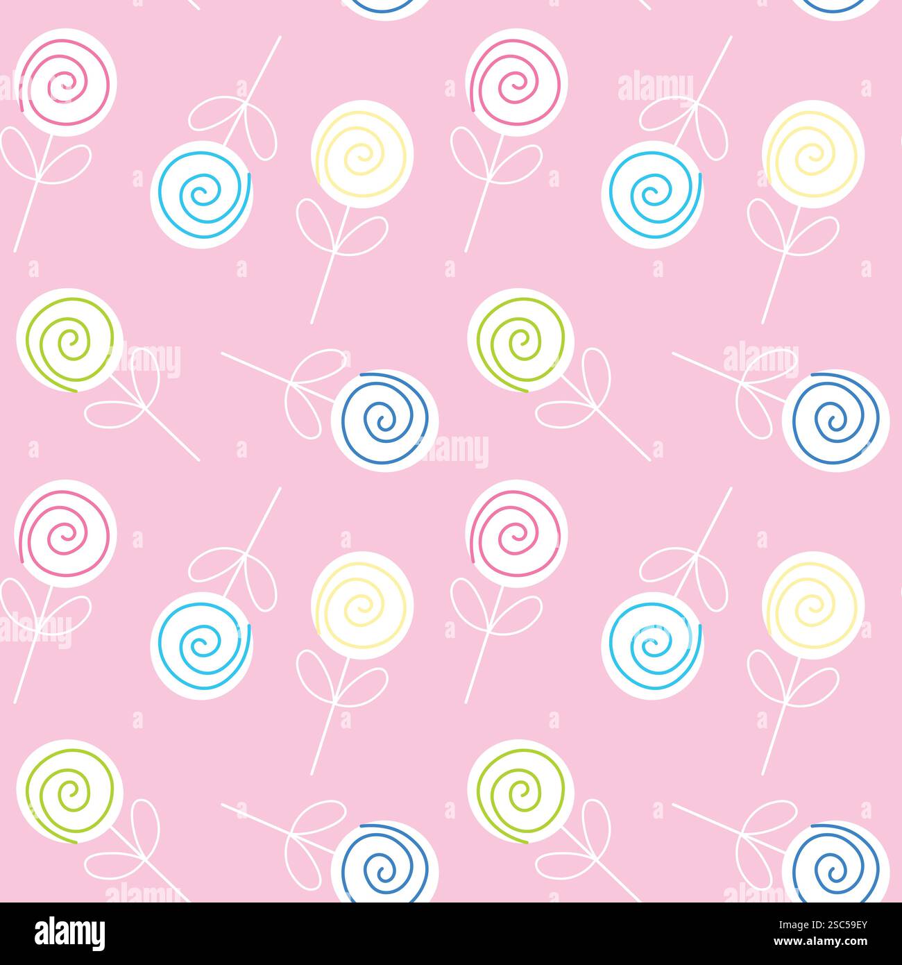 Colorful Lollipop-Themed Pattern with Floral Elements on a Pink ...