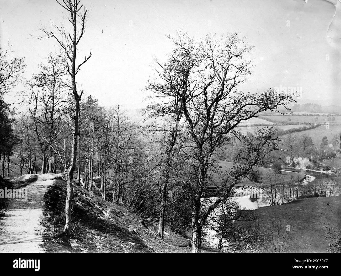 Landscape showing the valley cut out by the Afon (River) Ithon and an ...