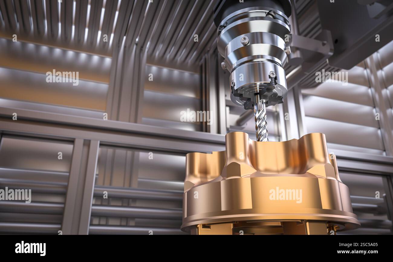 Cnc machine working on a metal part in a factory 3d background Stock ...