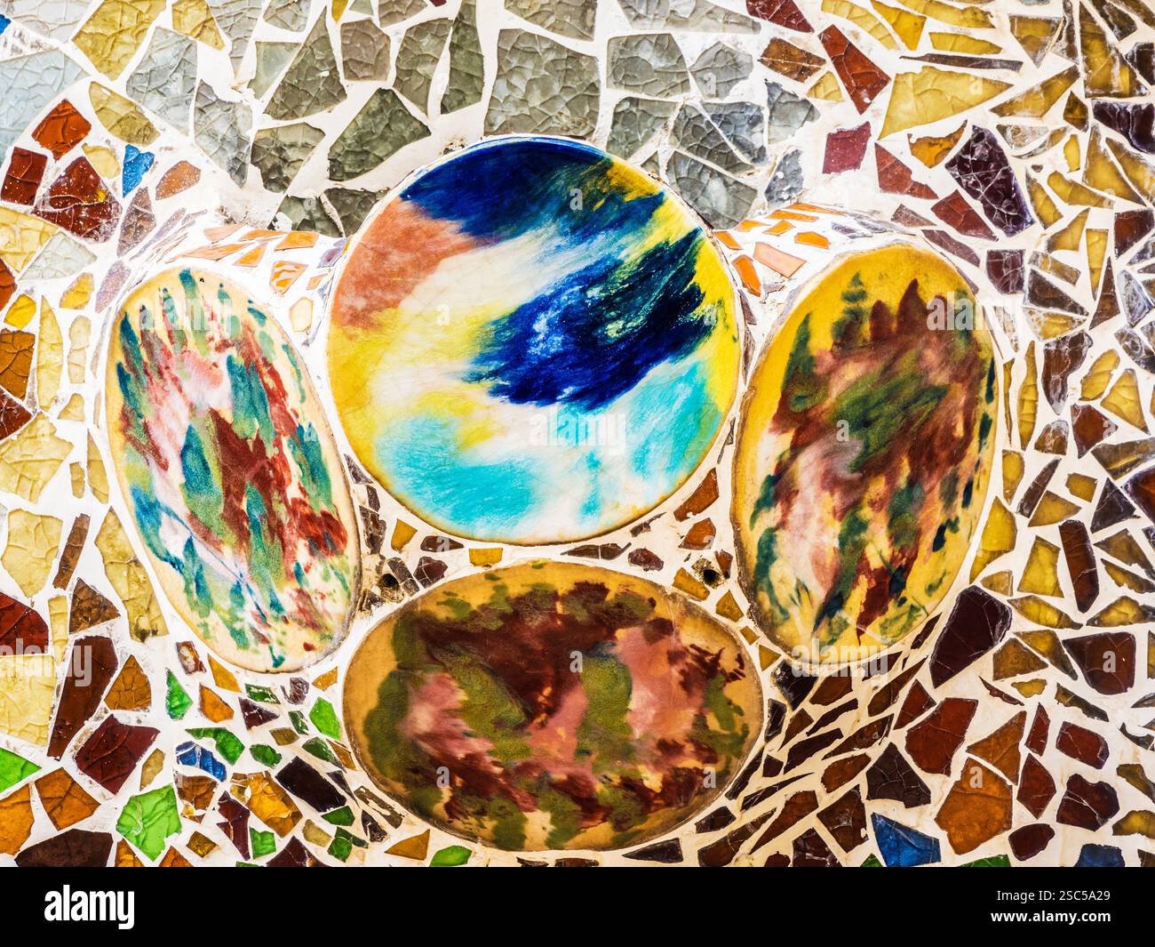 Close- up detail of the mosaics on the roof terrace of Casa Batlló ...