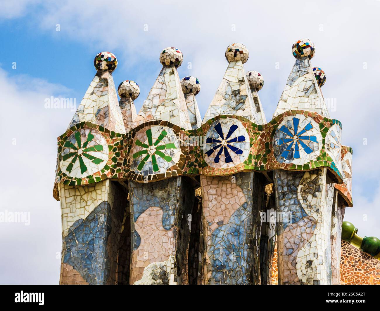 Close- up of the chimneys on the roof terrace of Casa Batlló designed ...