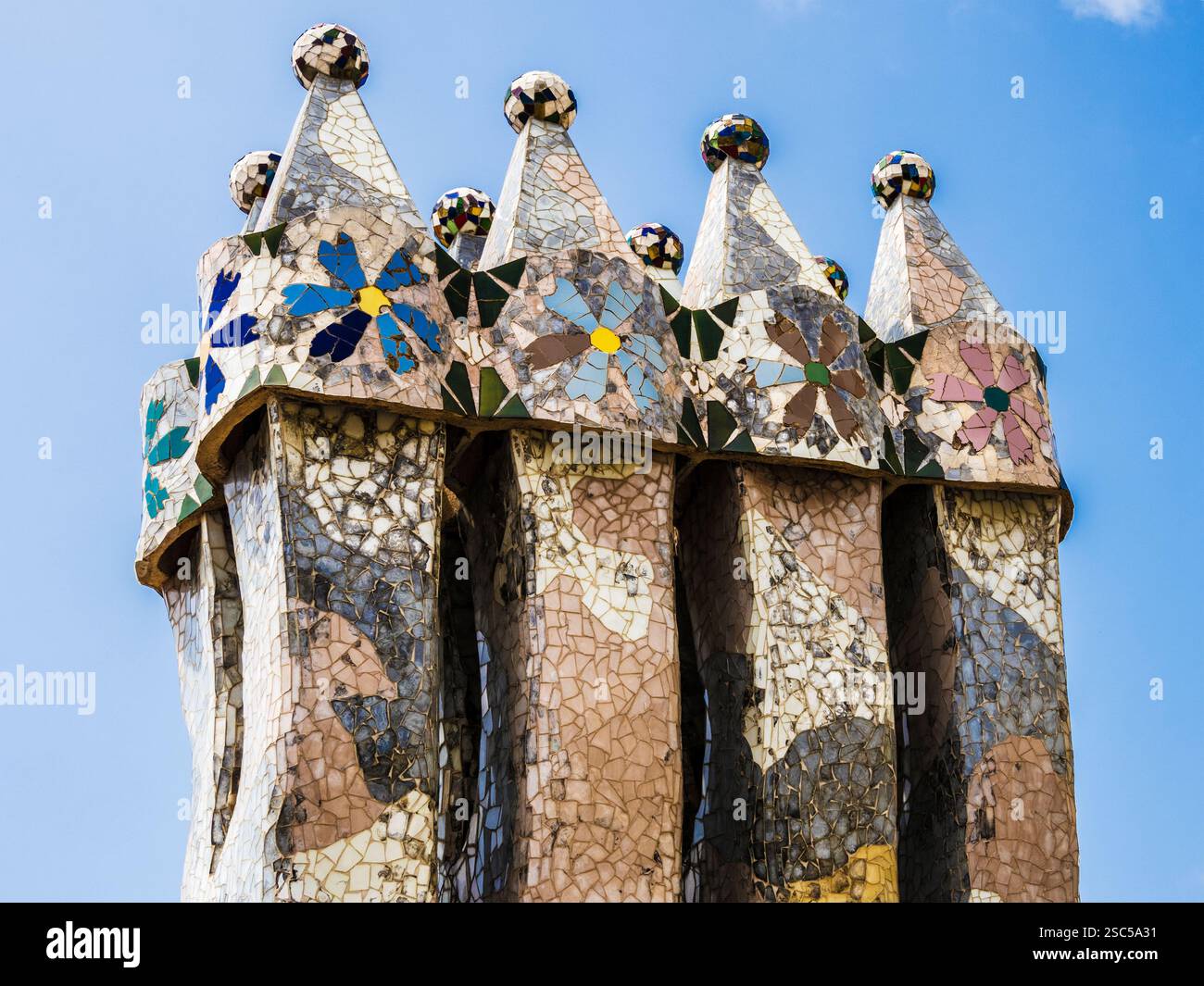 Close- up of the chimneys on the roof terrace of Casa Batlló designed ...