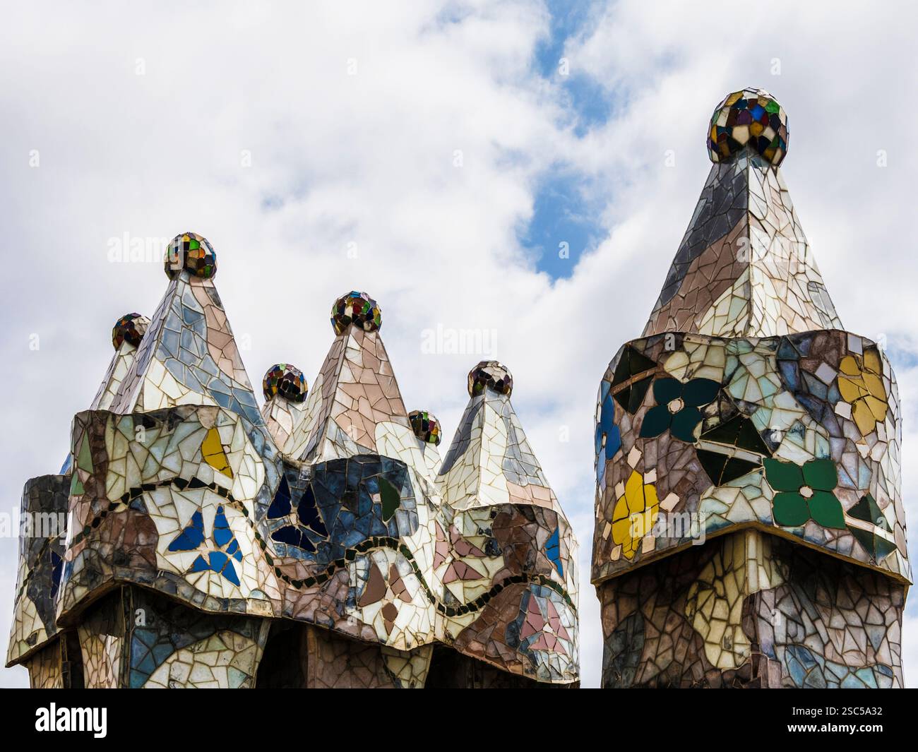 Close- up of the chimneys on the roof terrace of Casa Batlló designed ...