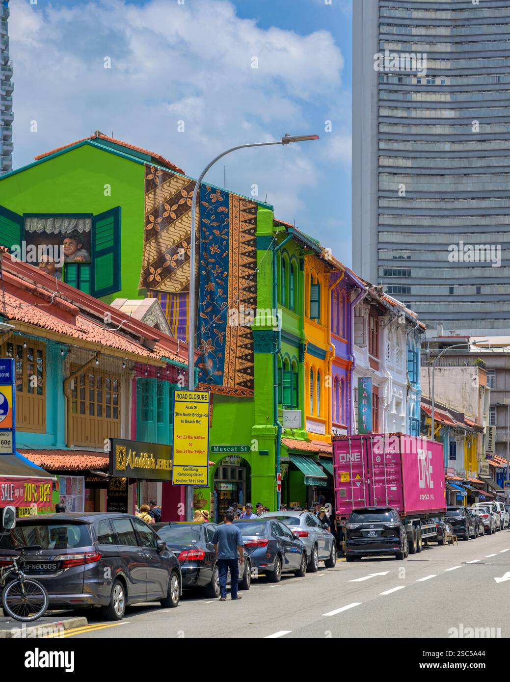 The colourful buildings and murals of Muscat Street and Arab Street in ...