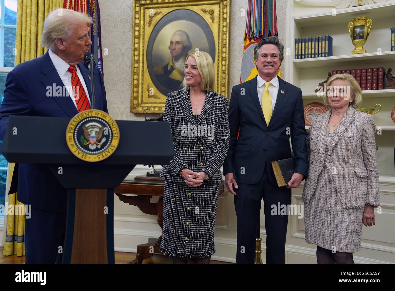 President Donald Trump speaks before Pam Bondi is sworn in as Attorney ...
