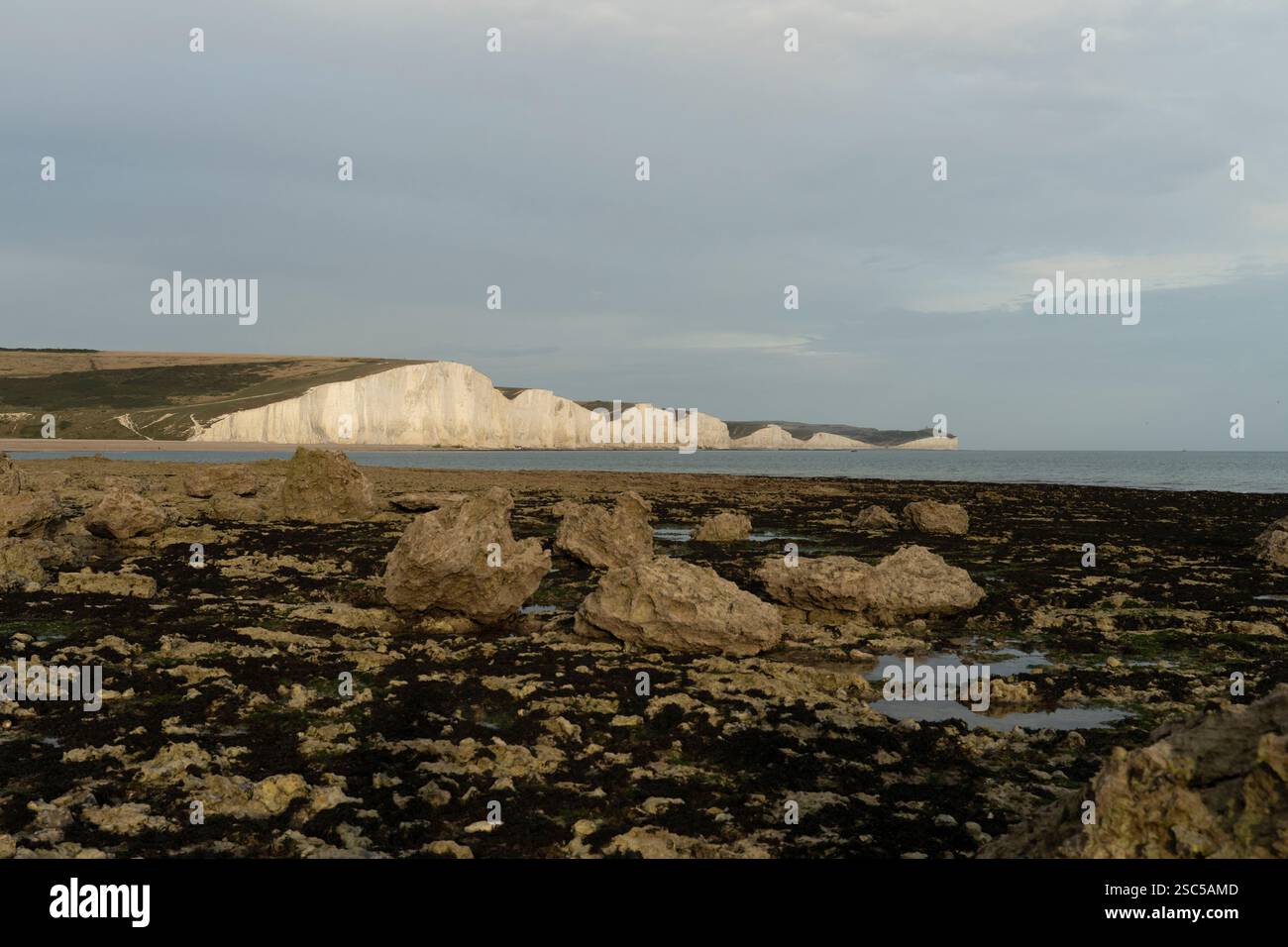 The iconic White Cliffs of Dover, England, at low tide. Coastal rocks ...