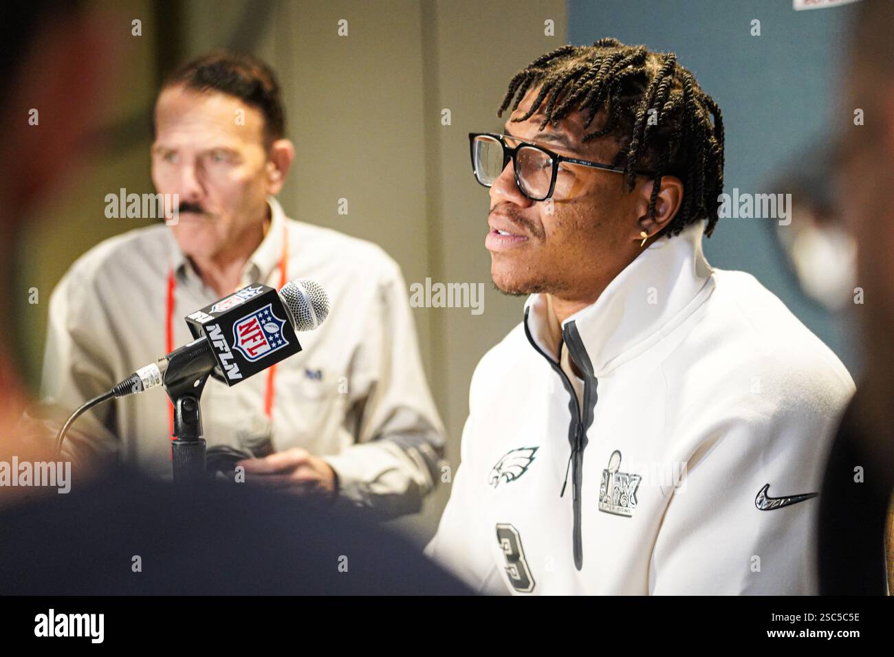 Eagles player Nolan Smith Jr Answering questions during a Press Conference at the Hilton New ...