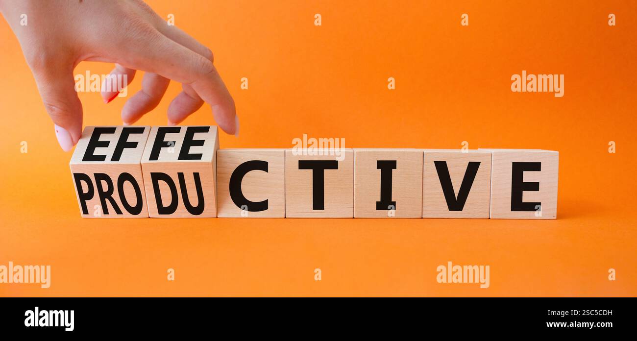 Effective and Productive symbol. Turned cubes with words Productive and ...