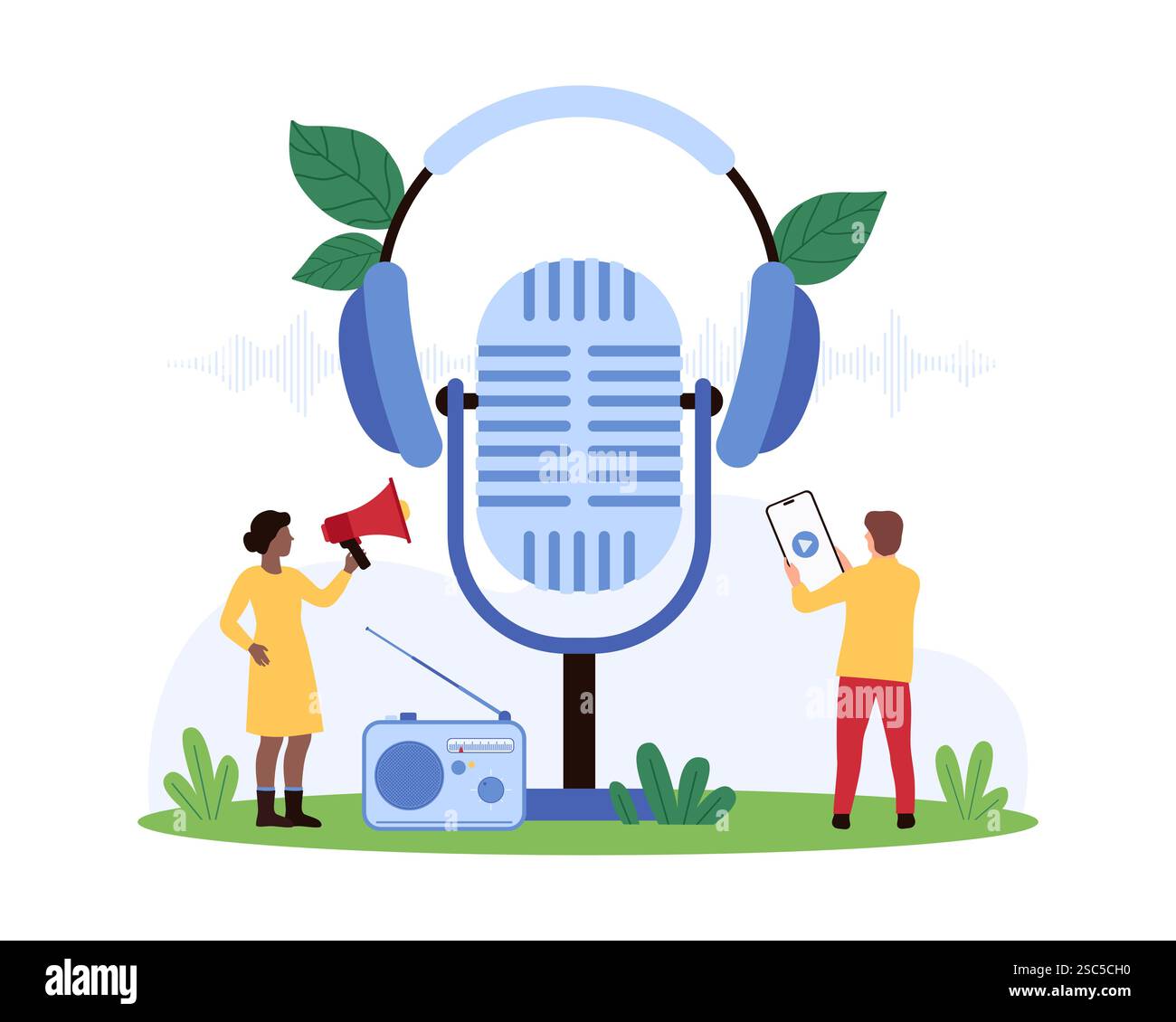 Tiny people with a microphone, headphones, and megaphone, illustrating ...