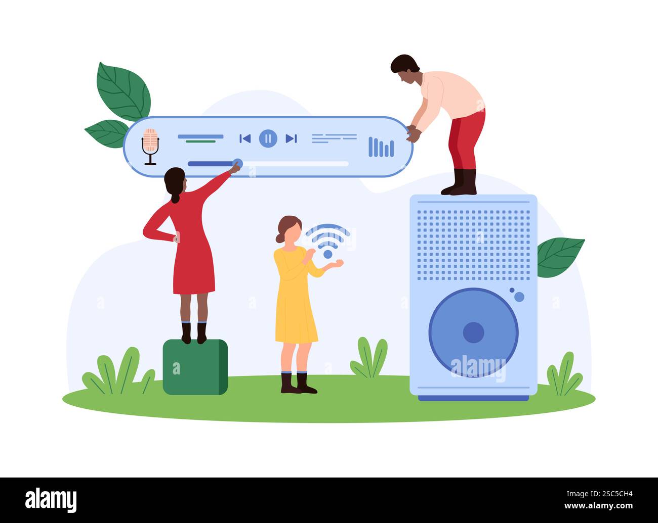 Tiny people interacting with a sound speaker, focusing on audio ...