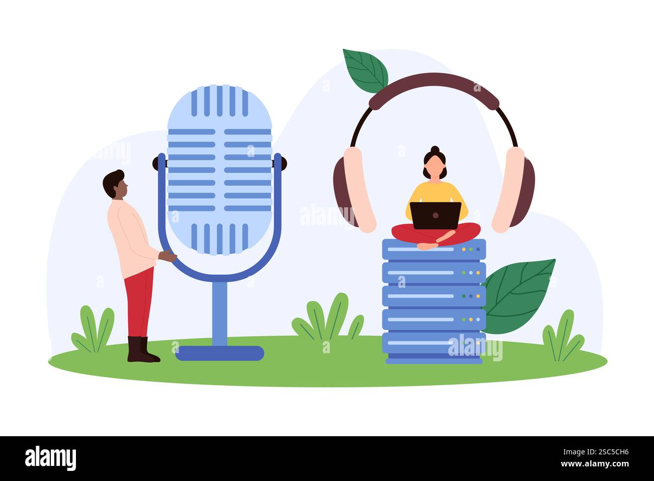 Tiny people with a microphone and audio equipment, illustrating sound ...