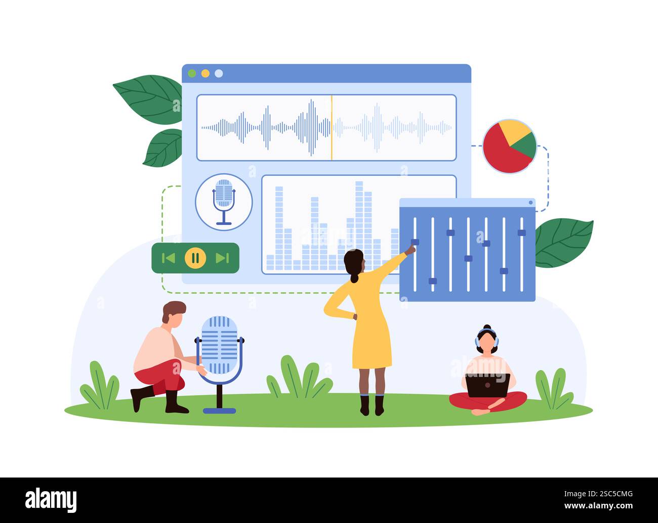 Tiny people with a microphone and audio editing software, illustrating ...