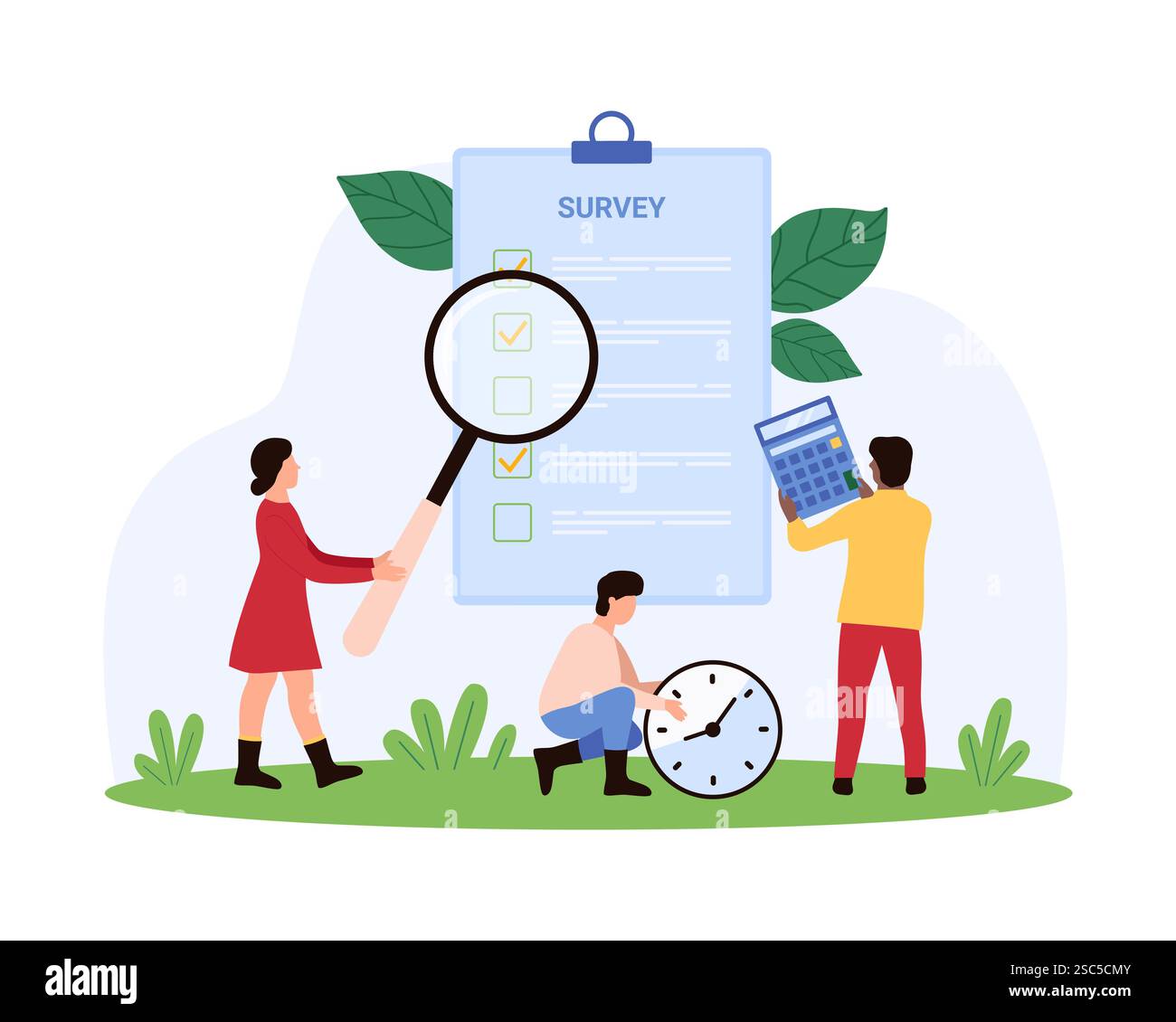 Tiny people conducting a survey, focusing on data collection, analysis ...