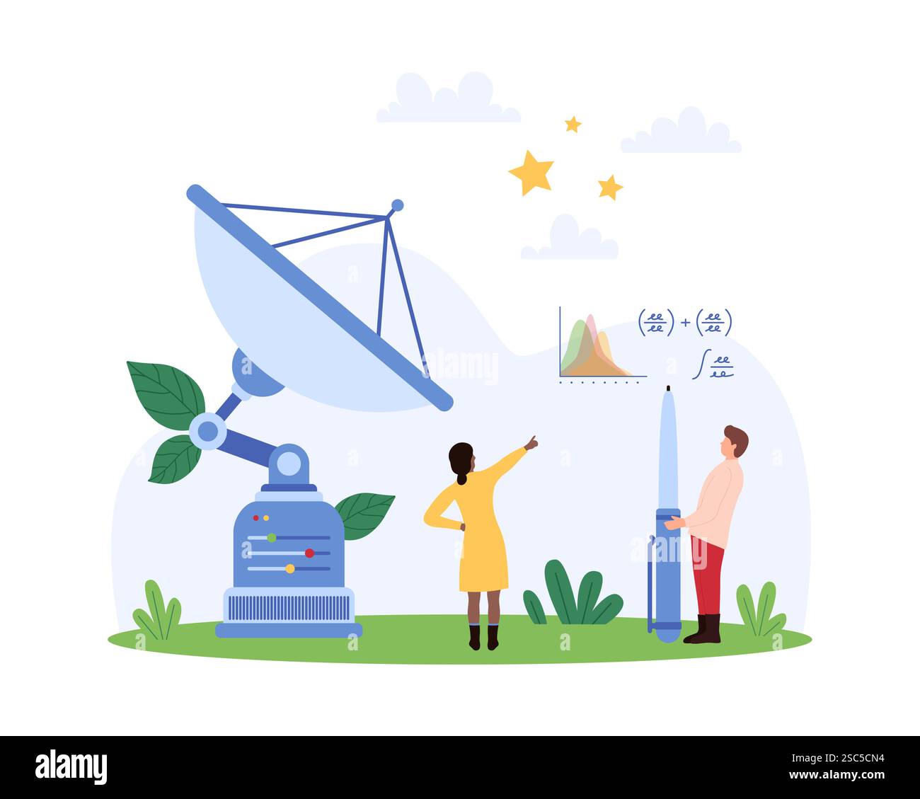 Tiny people exploring space science, studying astronomical data and ...