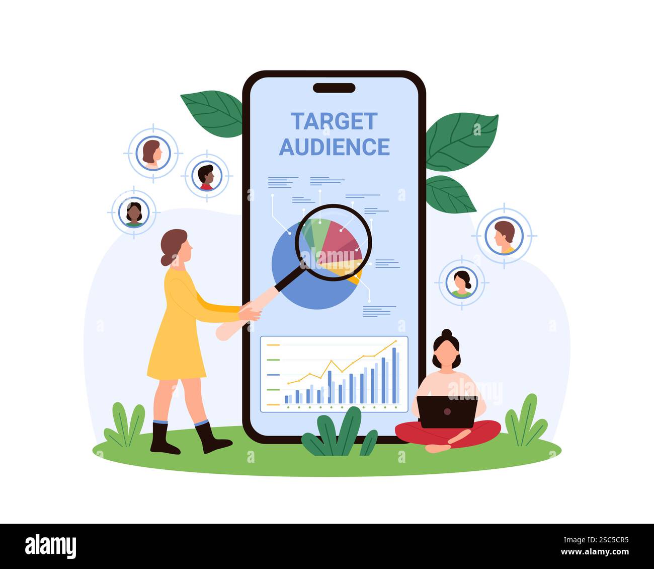 Tiny people analyzing target audience on a mobile device, focusing on ...