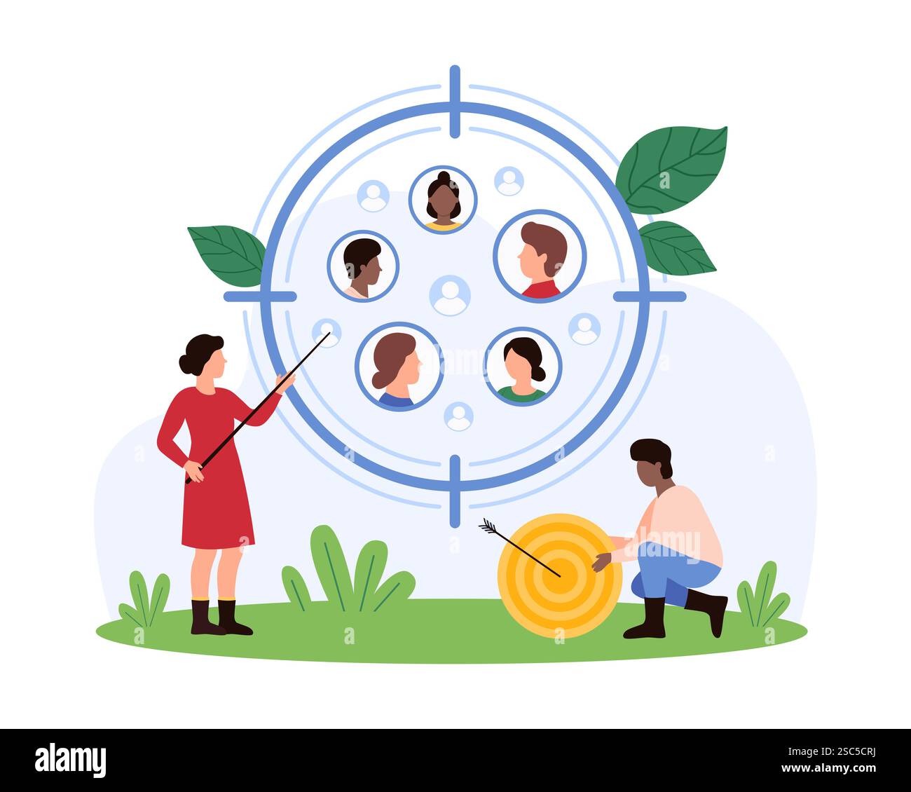 Tiny people analyzing target audience, focusing on demographic data and ...