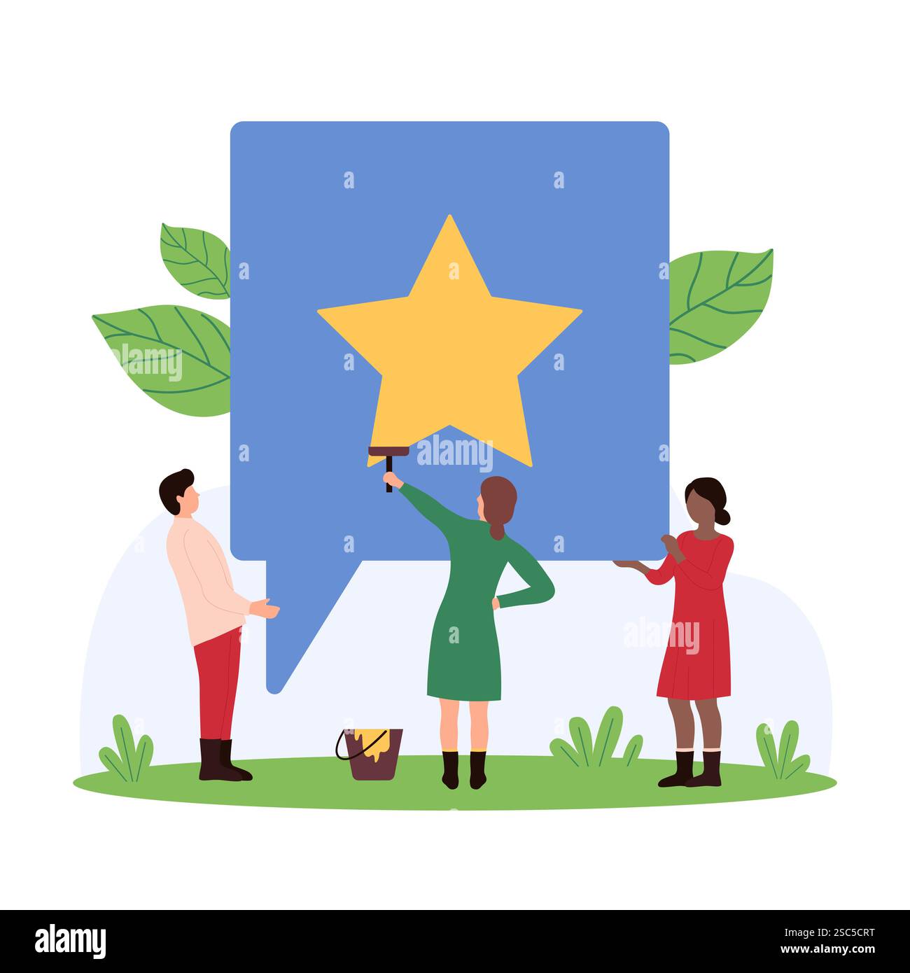 Tiny people providing star feedback on a large rating icon ...