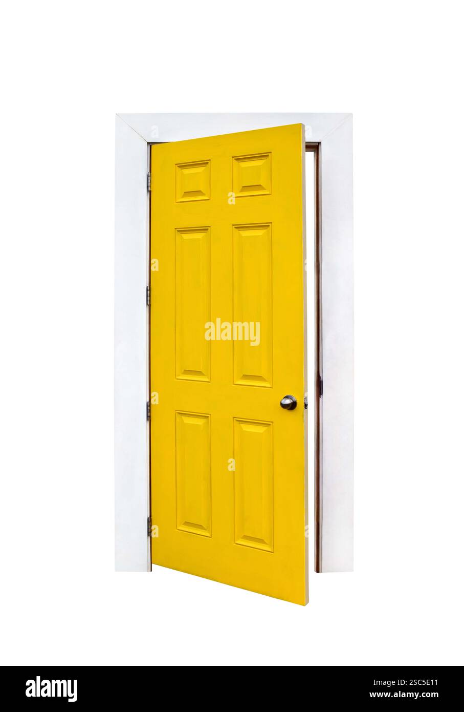 Slightly opened yellow door with white frame isolated cutout on white ...