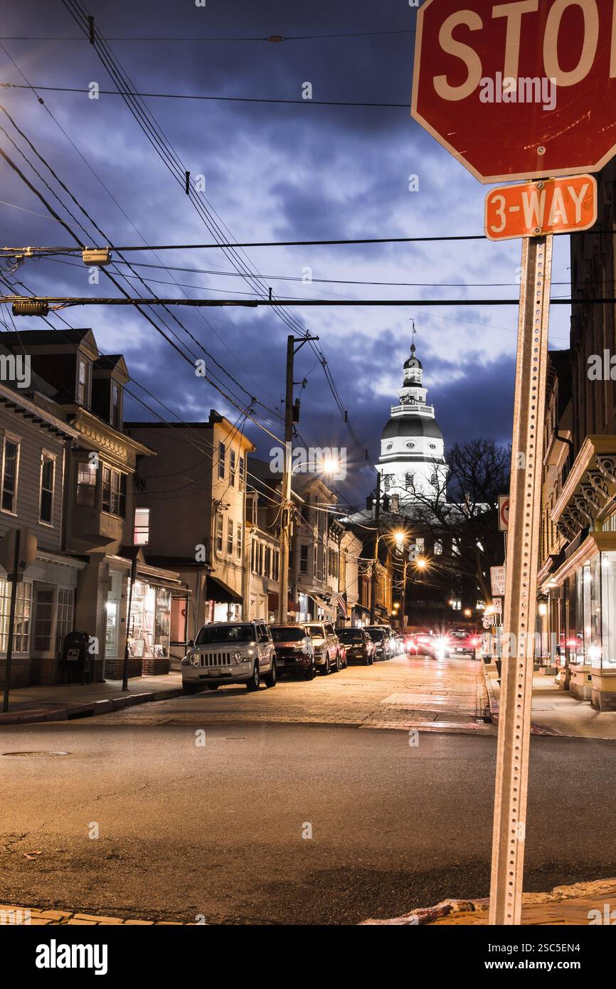 A nighttime street scene in downtown Annapolis, MD, featuring a Stop ...