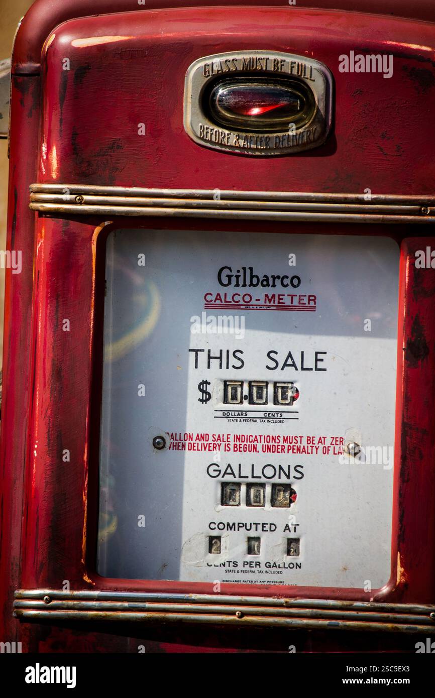 A vintage Gilbarco Calco-Meter gas pump displays a price of $0.00 for a ...