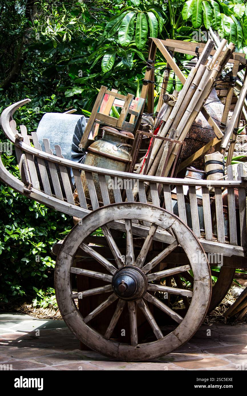 A weathered, wooden ox-cart, laden with various items, sits amidst lush ...